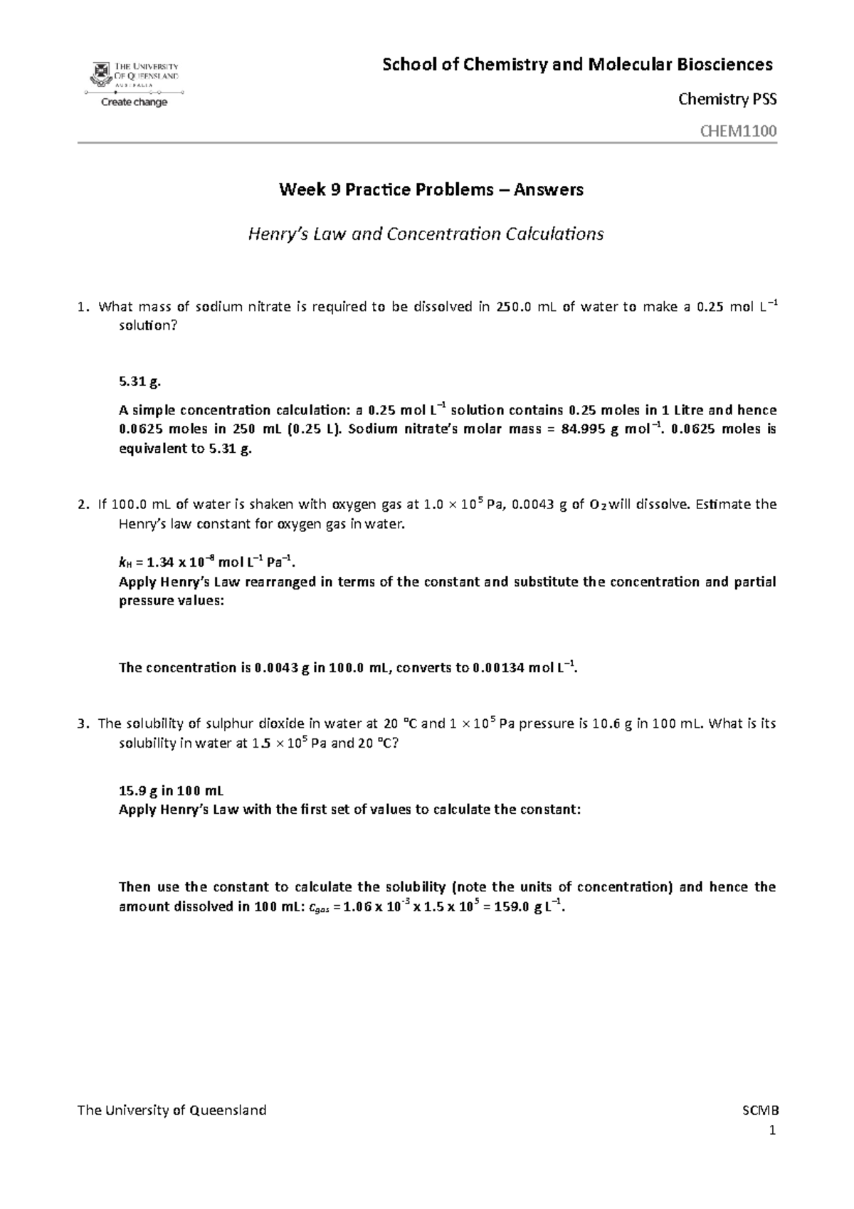 CHEM1 100 Week 9 PSS Worksheet - Answers - School of Chemistry and ...