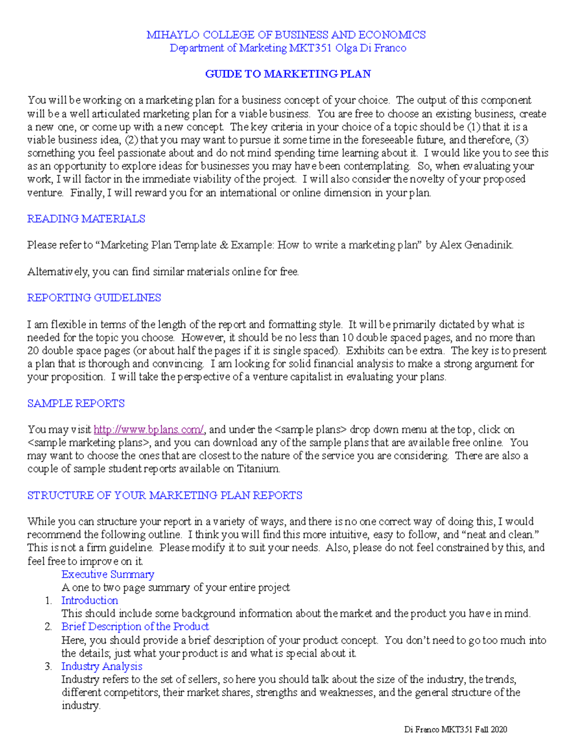 Guide to Marketing Plan for Principles odf2020 of Marketing - MIHAYLO ...