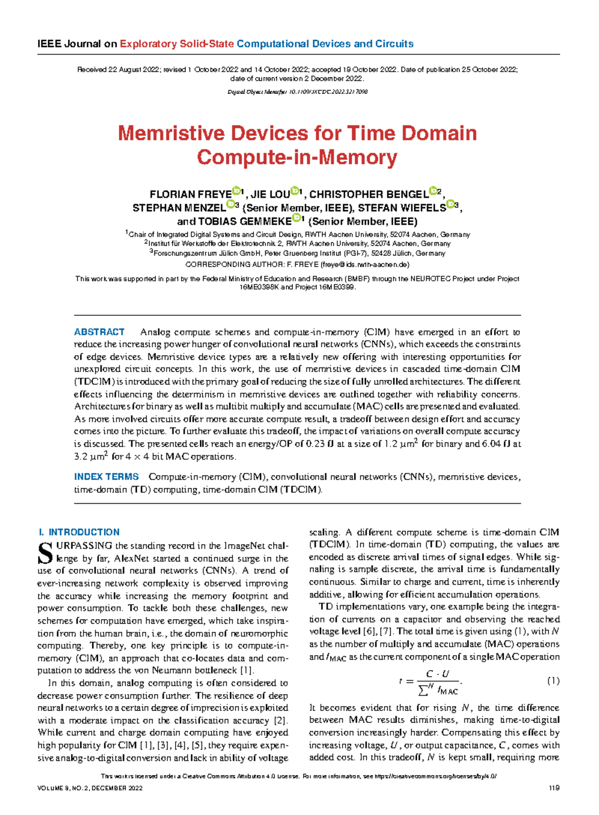 Memristive Devices for Time Domain Compute-in-Memory - Received 22 August 2022; revised 1 ...