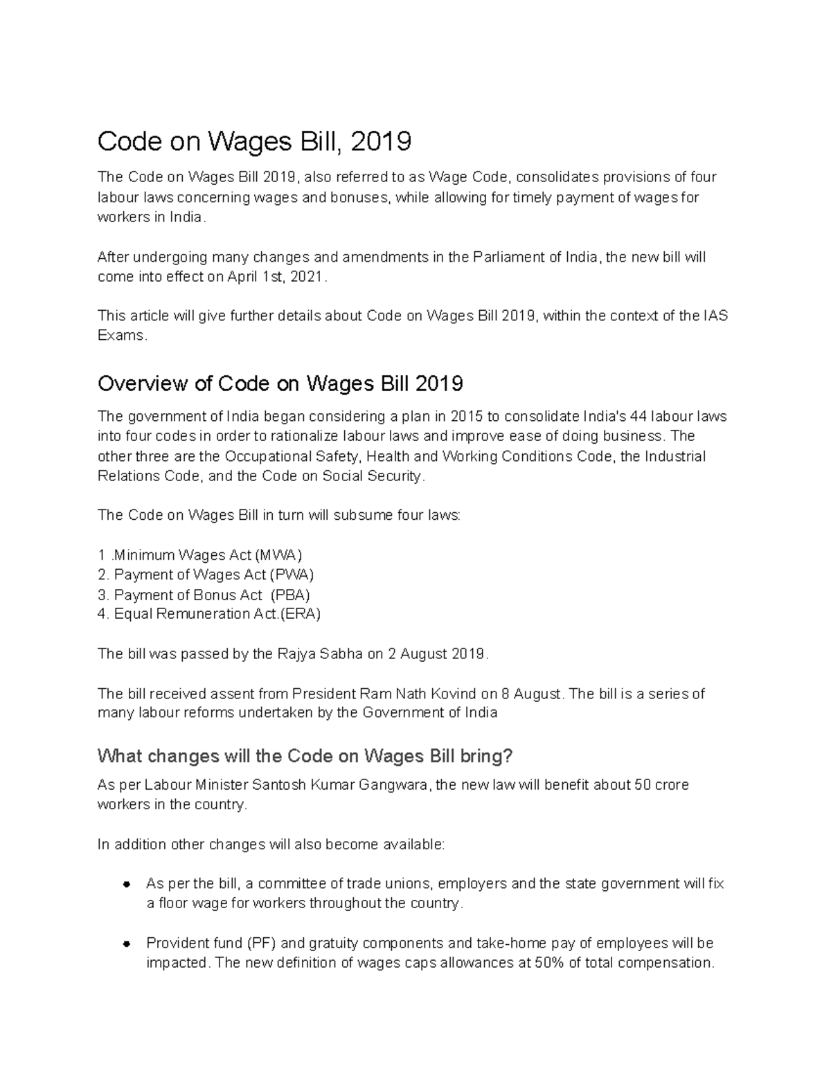 Code on Wages Bill 2019 - Codes - Code on Wages Bill, 2019 The Code on ...