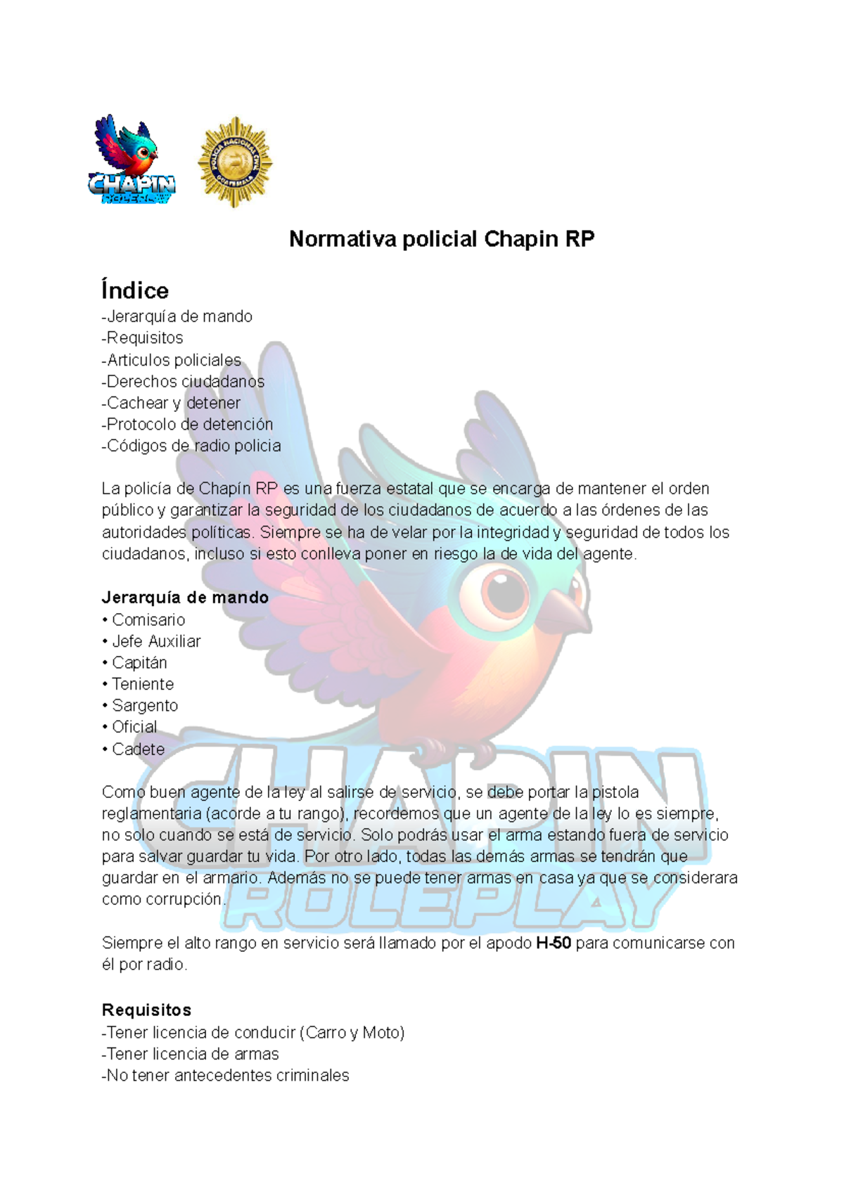Normativa policial Chapin RP 4 - Normativa policial Chapin RP Índice ...