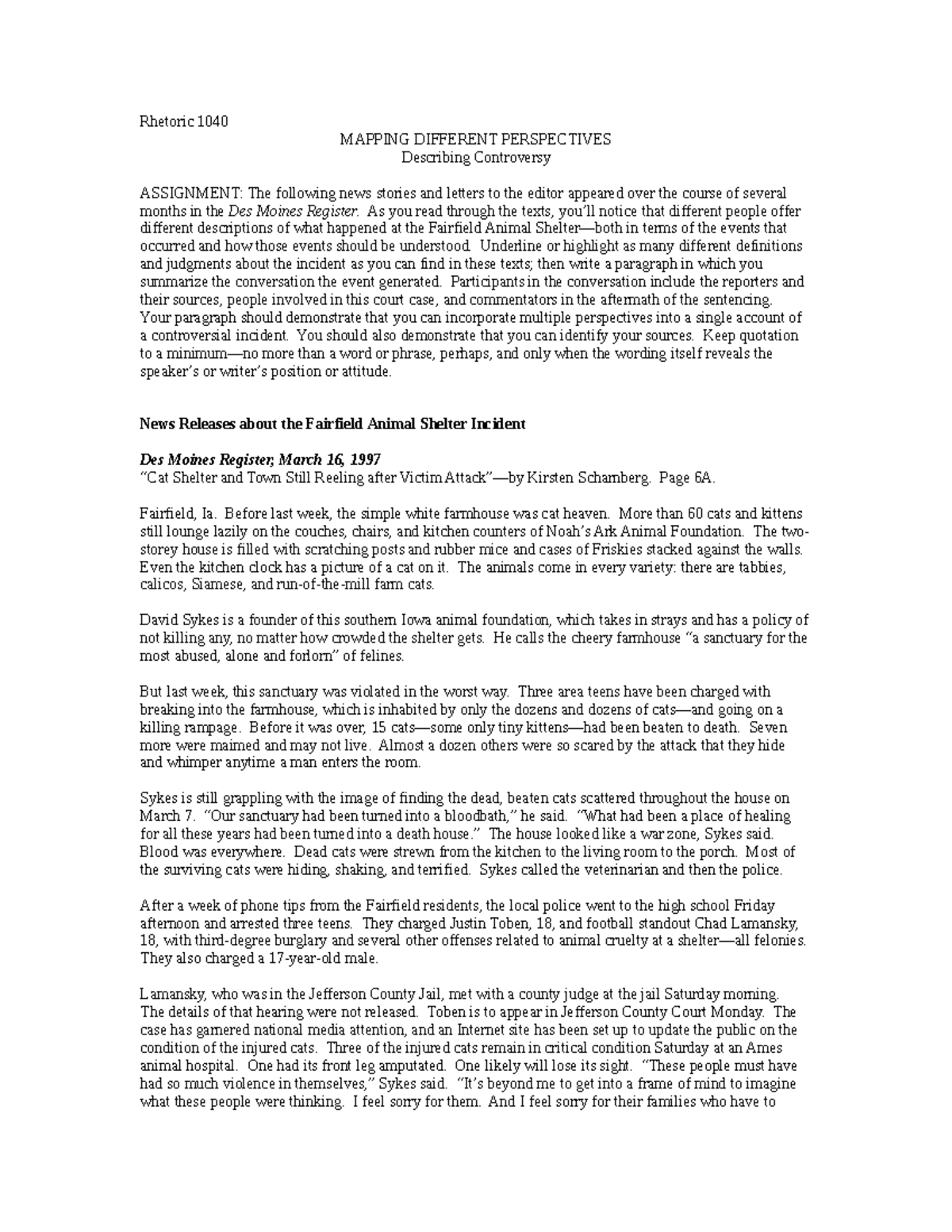 Copy of Fairfield Animal Shelter News and Commentary Reading - Rhetoric ...