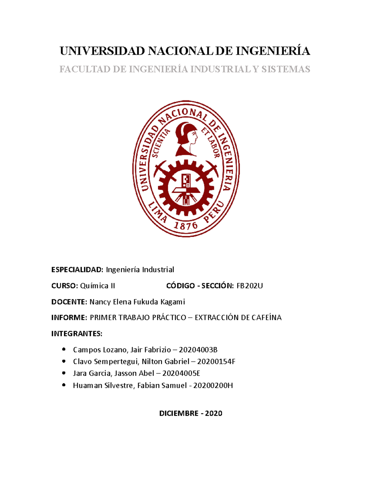 Primer Trabajo Práctico - UNIVERSIDAD NACIONAL DE INGENIERÍA FACULTAD ...