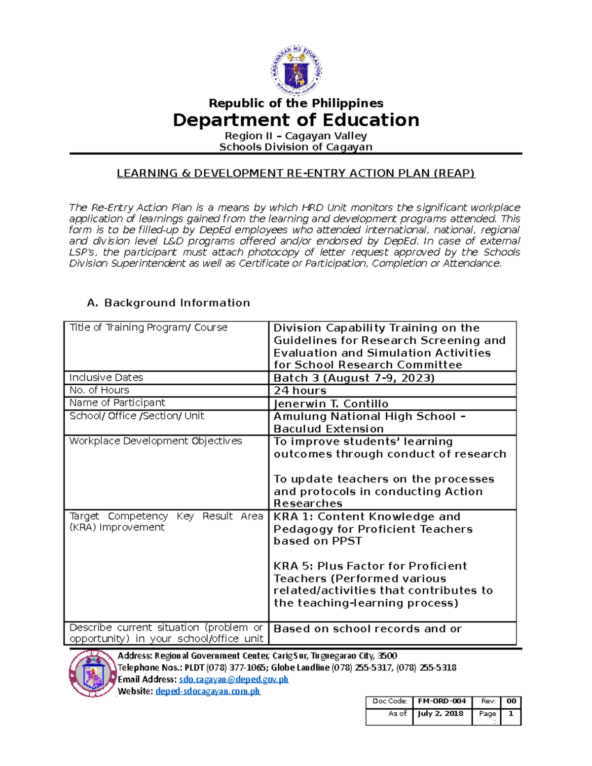 REAP Proposal - Republic of the Philippines Department of Education ...