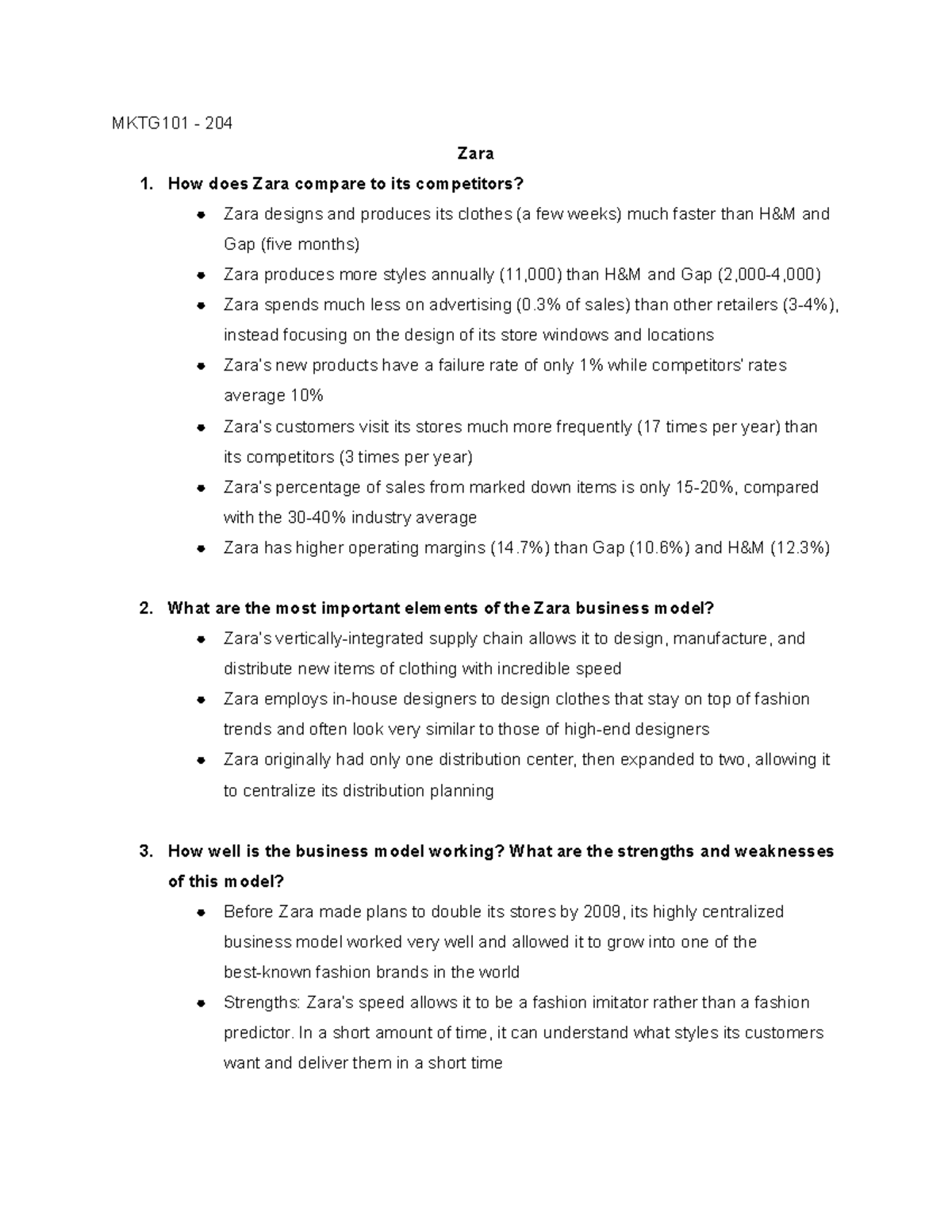 Zara Thought Questions - MKTG101 - 204 **Zara How does Zara compare to ...