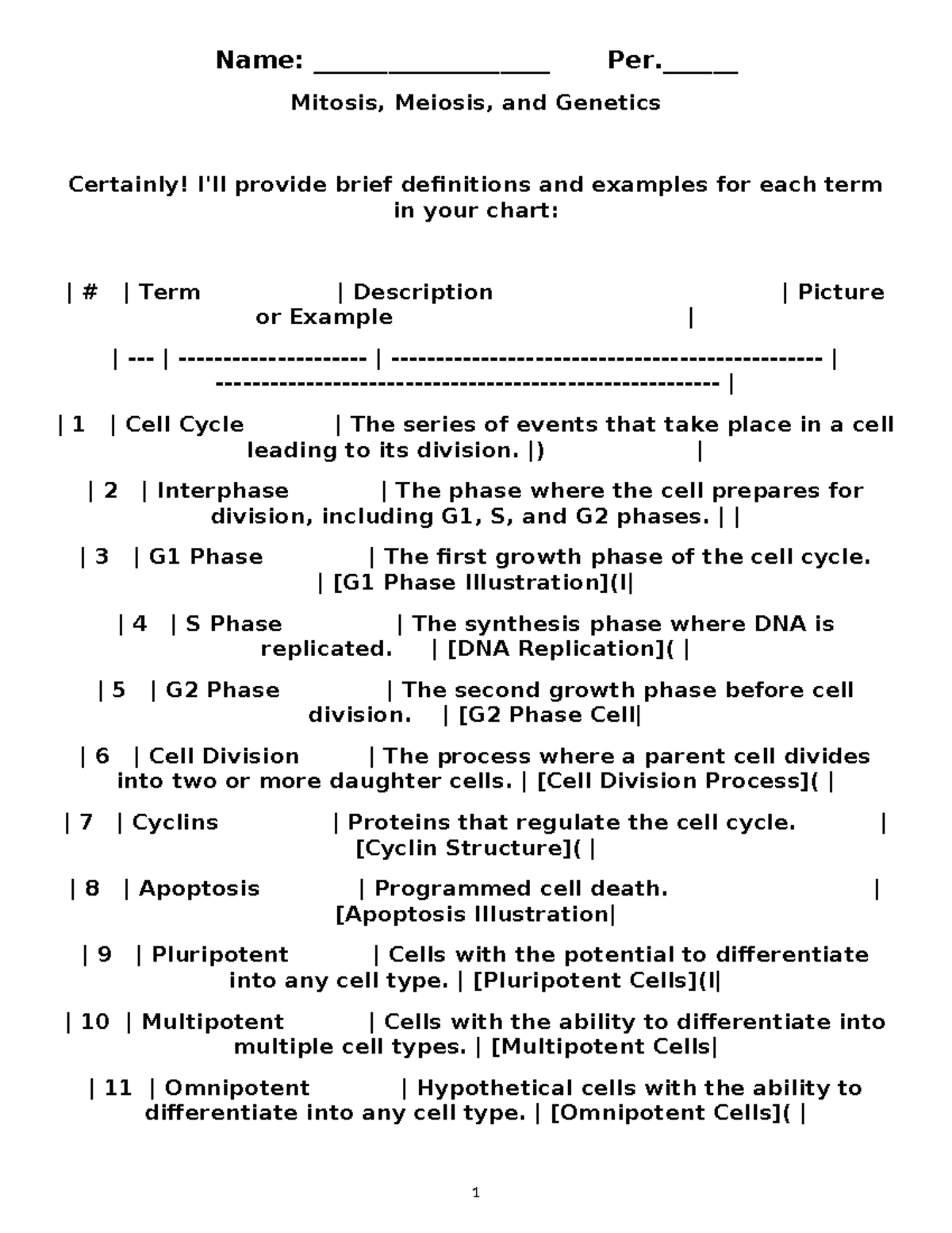 Cell Growth and Division Vocab Chart - Name: ___________________ Per ...
