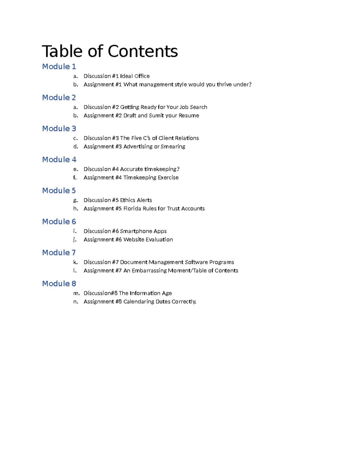 Table of Contents - ....... - Table of Contents Module 1 a. Discussion ...