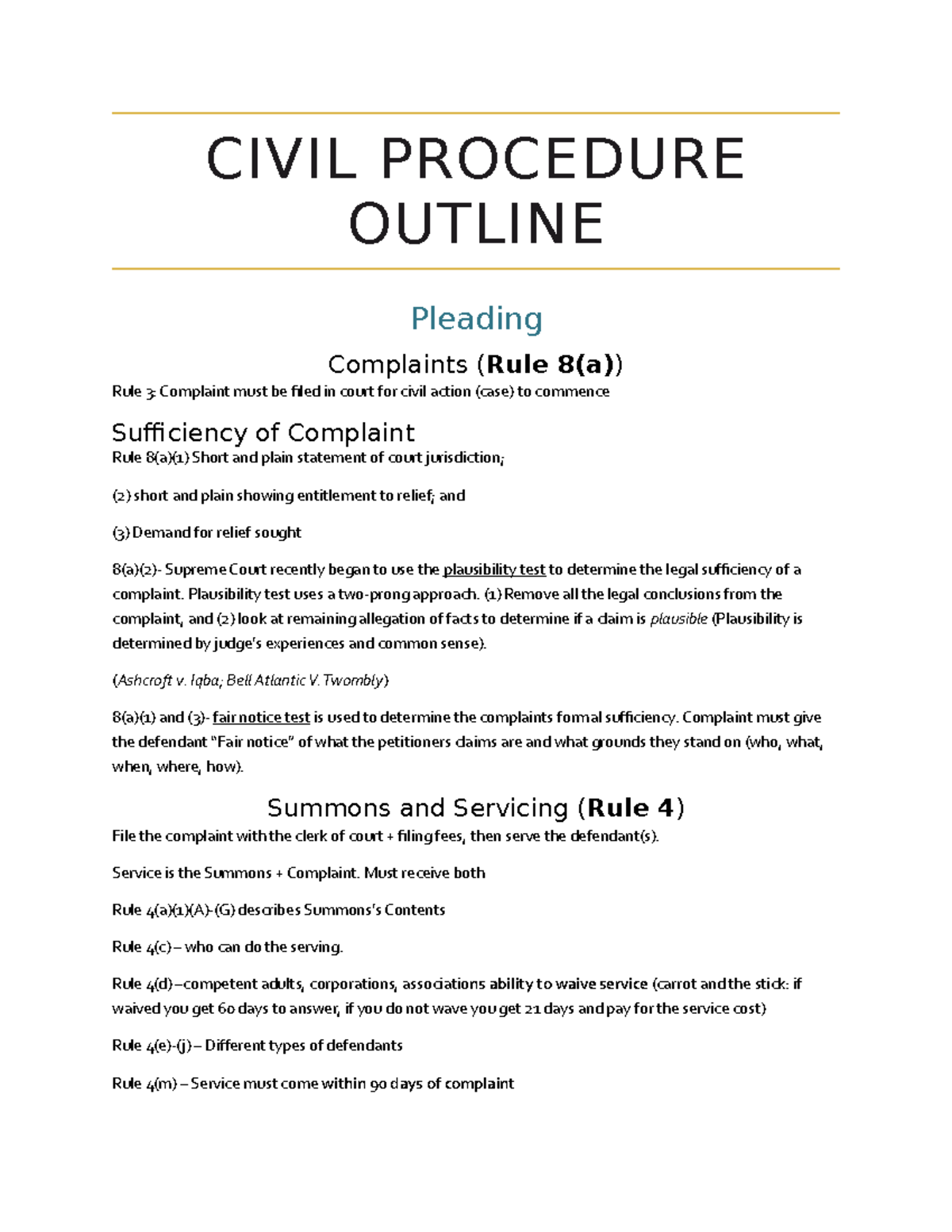 Civ Pro Finals Outline - CIVIL PROCEDURE OUTLINE Pleading Complaints ...