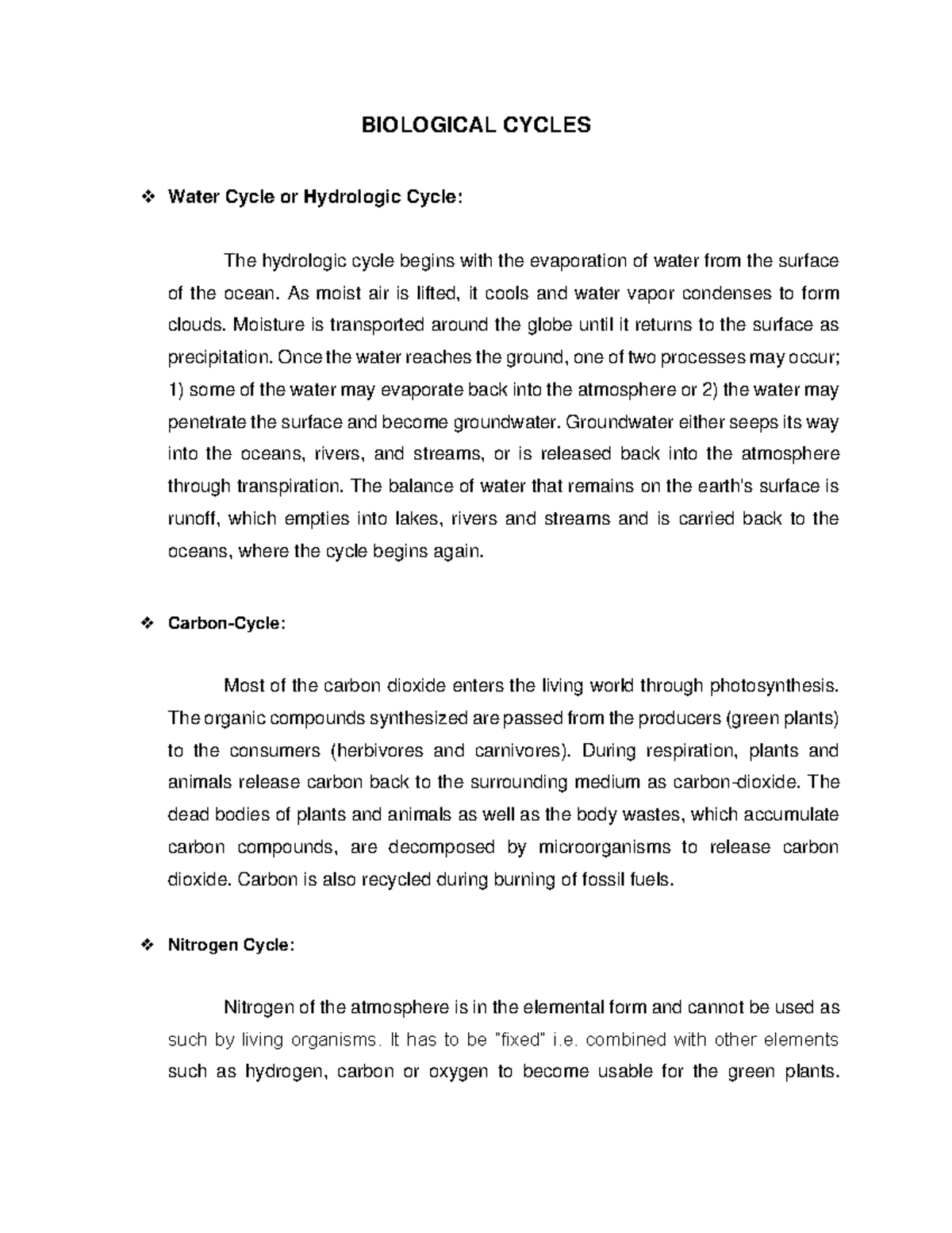 Biological Cycles - Module - ES 223 - BIOLOGICAL CYCLES Water Cycle or ...