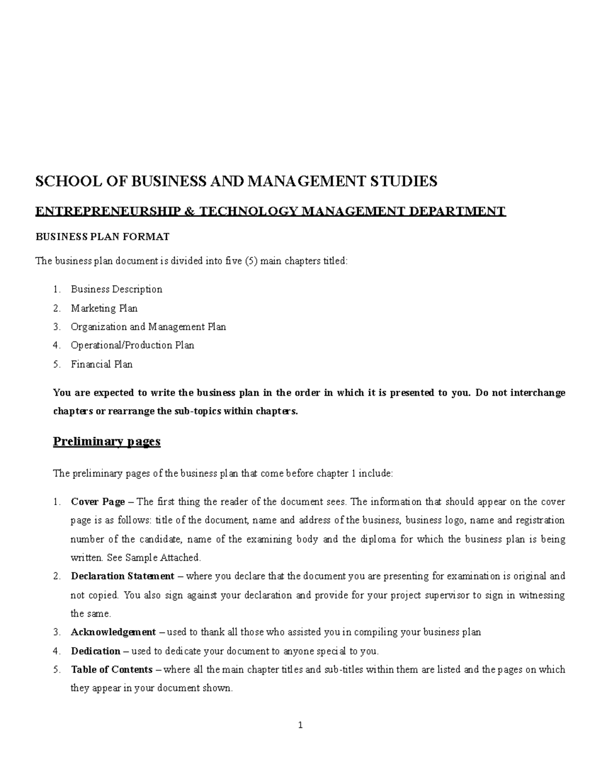 Business PLAN Guide - SCHOOL OF BUSINESS AND MANAGEMENT STUDIES ...