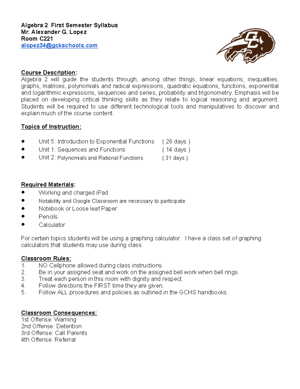 Algebra 2 Syllabus 1st Sem 2024-2025 - Algebra 2 First Semester ...