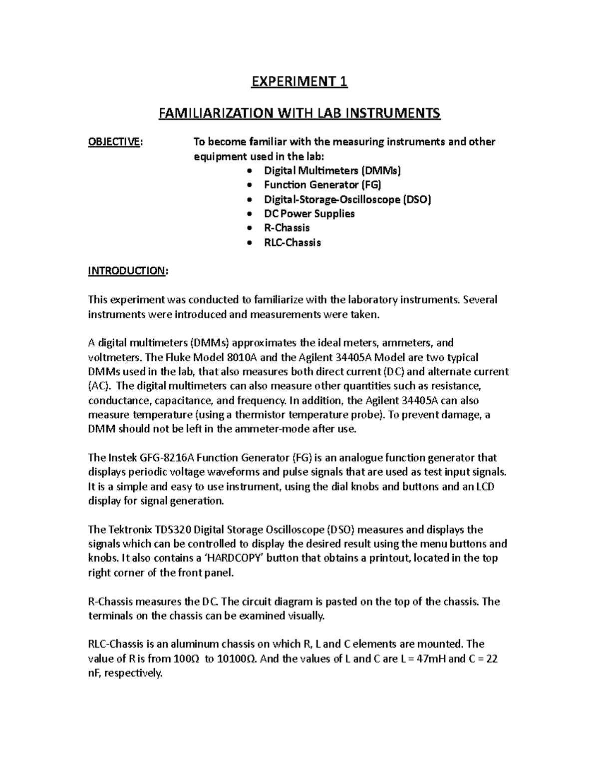 Lab Report #1 - EXPERIMENT 1 FAMILIARIZATION WITH LAB INSTRUMENTS OBJECTIVE: To become familiar ...