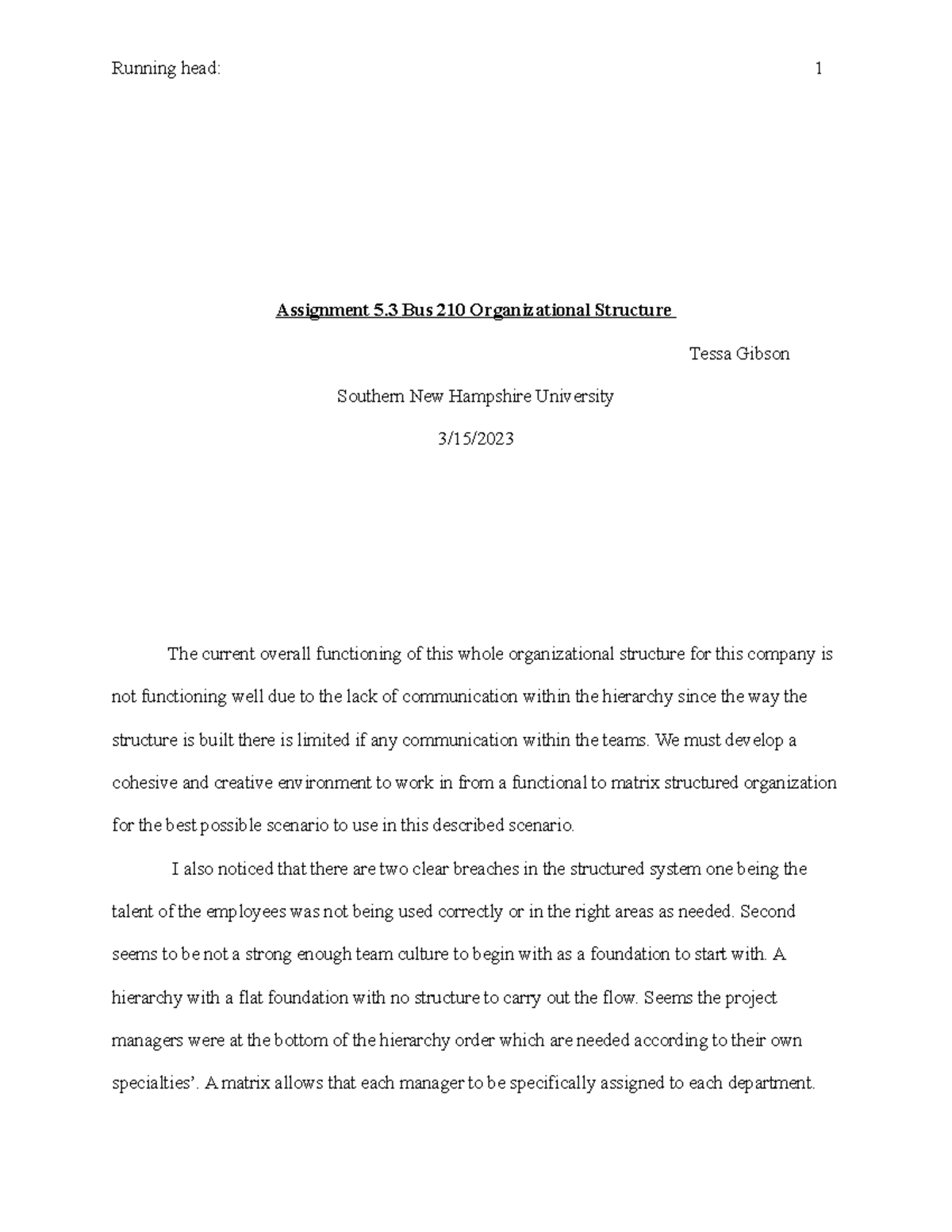 5.3 bus 210 - coursework - Running head: 1 Assignment 5 Bus 210 ...