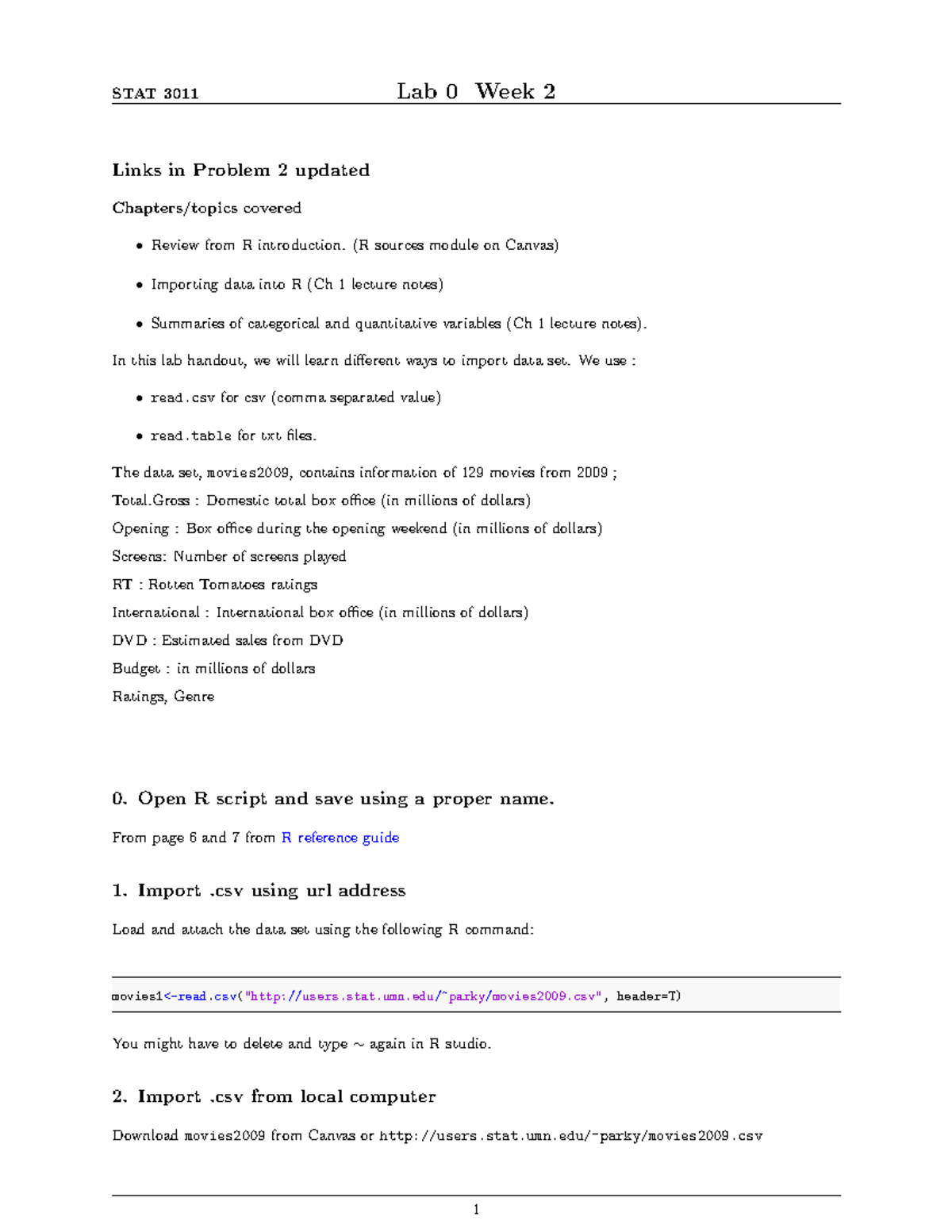 Lab0 3011 F24 - lab - STAT 3011 Lab 0 Week 2 Links in Problem 2 updated Chapters/topics covered ...