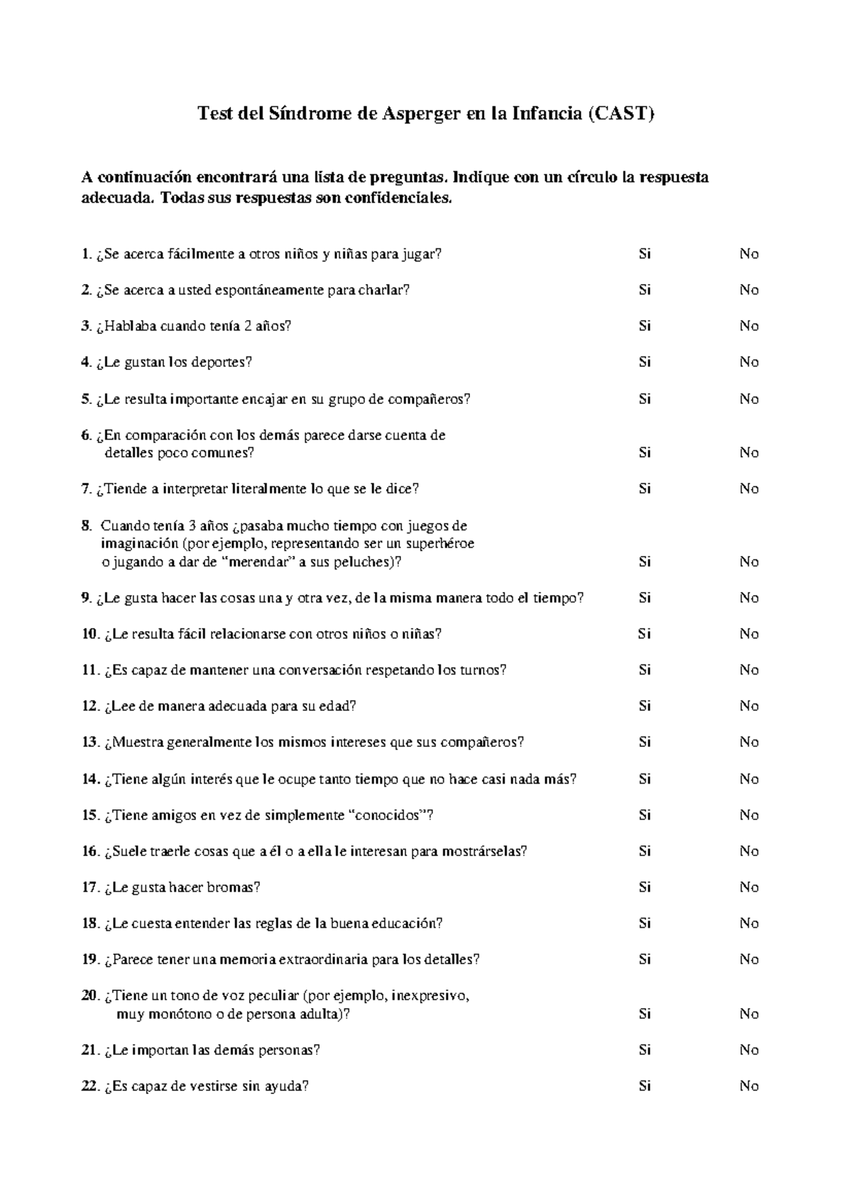 TEST CAST Autismo - Test del Síndrome de Asperger en la Infancia (CAST ...