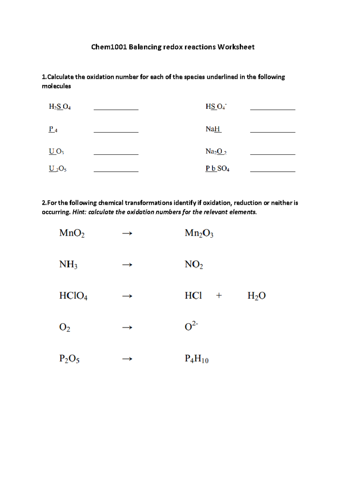 Chem1001 Balancing redox reactions Worksheet - english - Hint ...