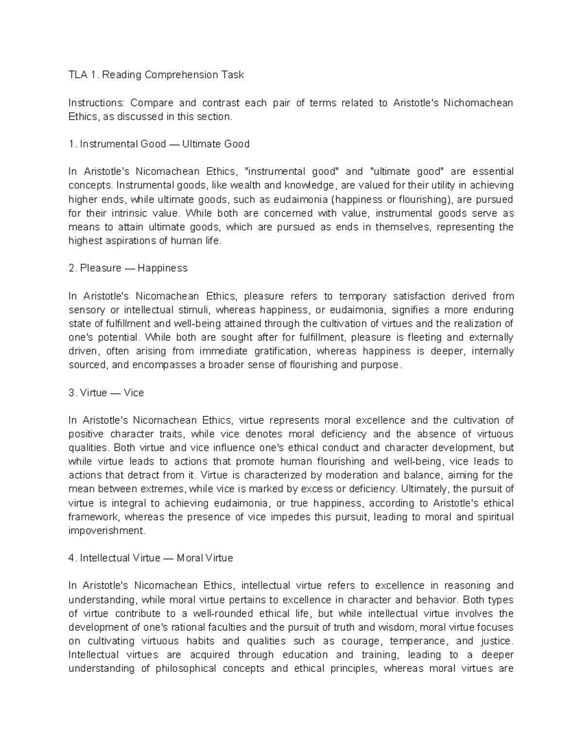 TLA 1 - TLA 1. Reading Comprehension Task Instructions: Compare and contrast each pair of terms ...