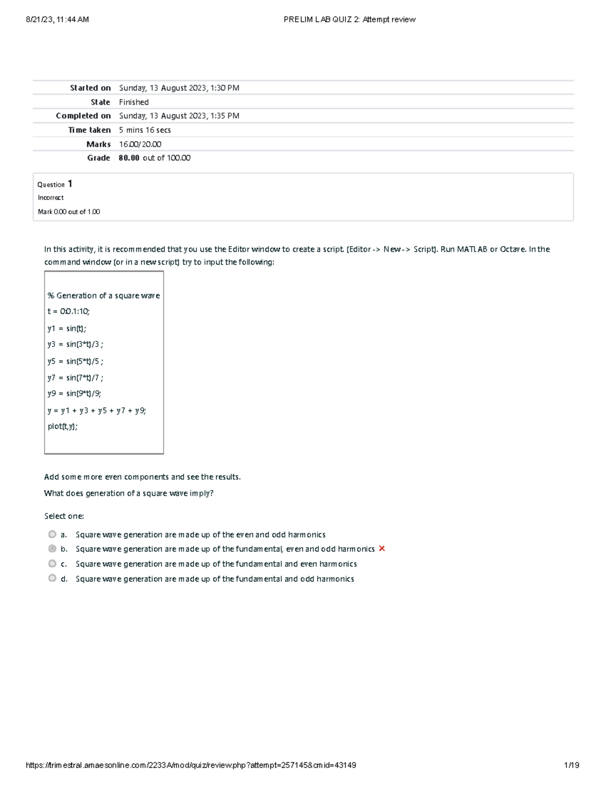 Prelim Lab Quiz 2 Attempt Review Started On Sunday 13 August 2023 130 Pm State Finished