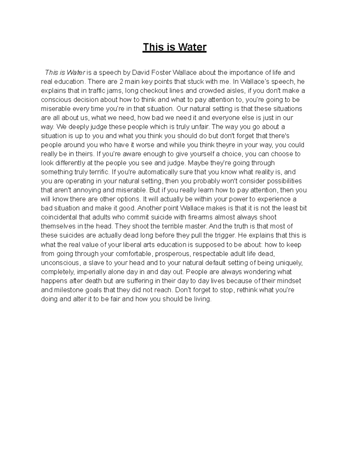 This is Water - Summary + ideas - This is Water This is Water is a ...