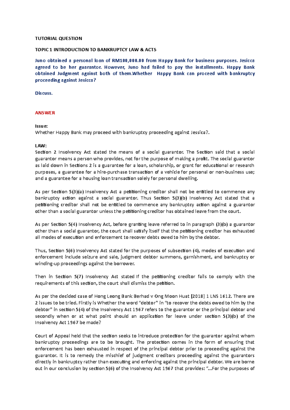 TOPIC 1 INTRODUCTION TO BANKRUPTCY LAW & ACTS - TUTORIAL QUESTION TOPIC ...