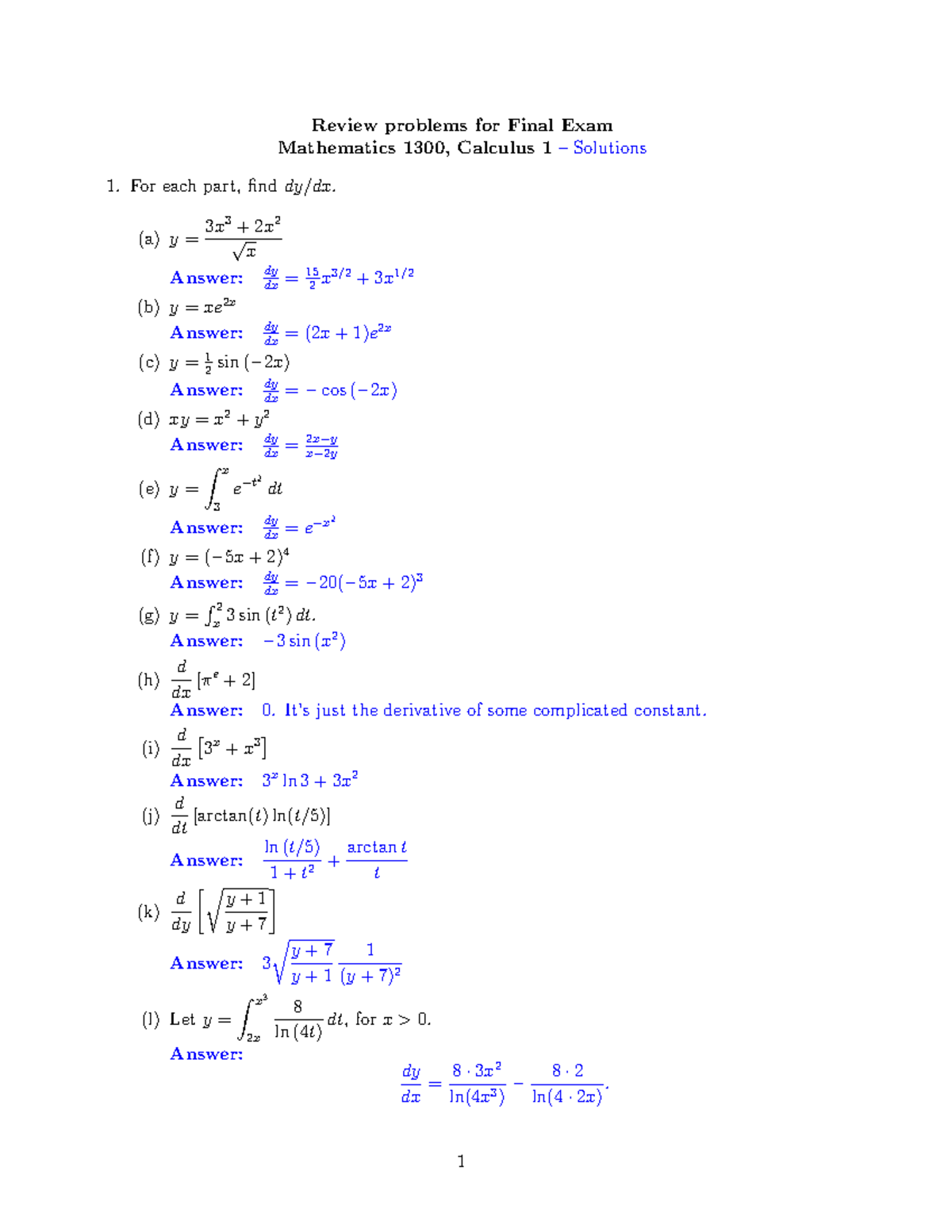 Finalreviewsol - fgh hjjk - Review problems for Final Exam Mathematics ...