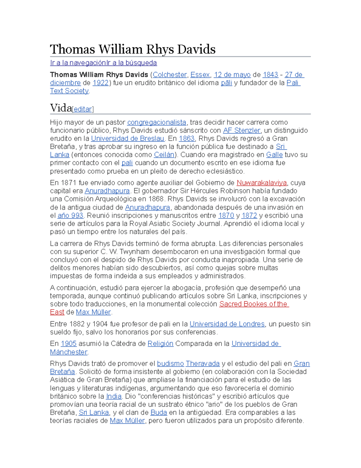 Thomas William Rhys Davids - Vida[editar] Hijo mayor de un pastor ...