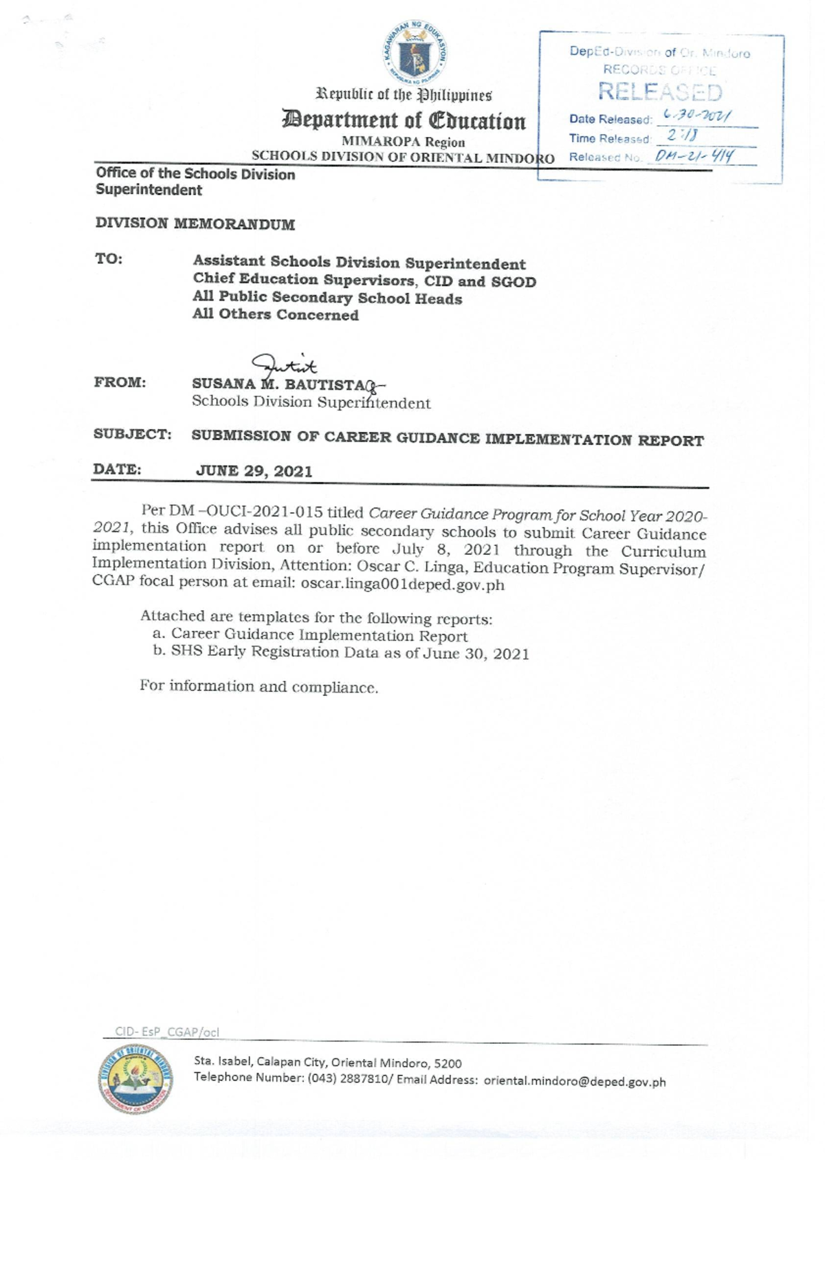 Submission of Career Guidance Implementation Report - Bachelor of ...