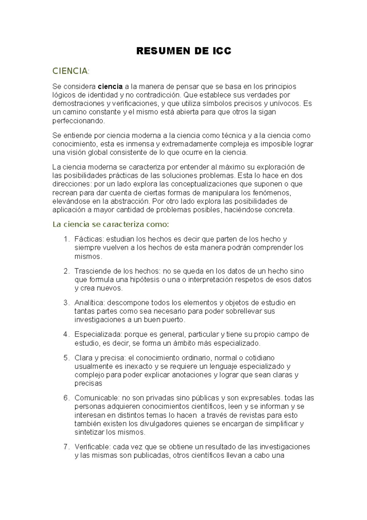 Resumen DE ICC - RESUMEN DE ICC CIENCIA: Se considera ciencia a la ...