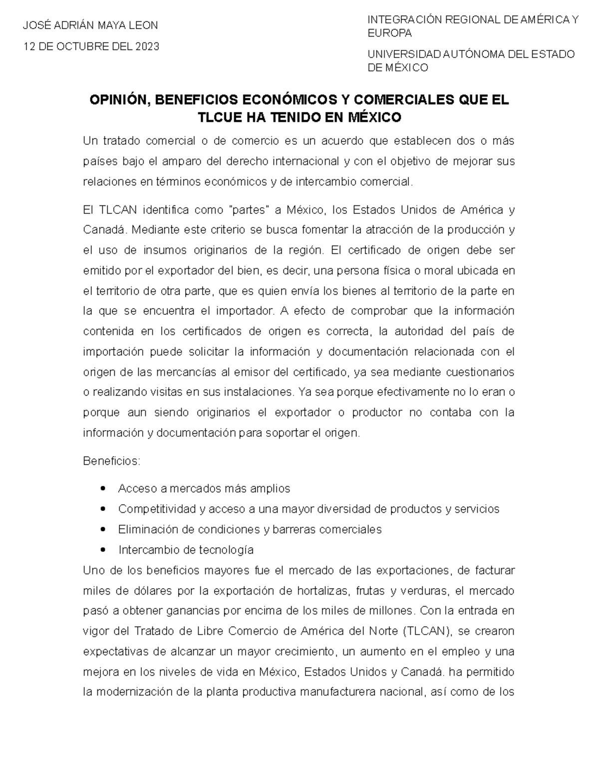 Opinión del Tlcue - no hay opinión - OPINIÓN, BENEFICIOS ECONÓMICOS Y ...