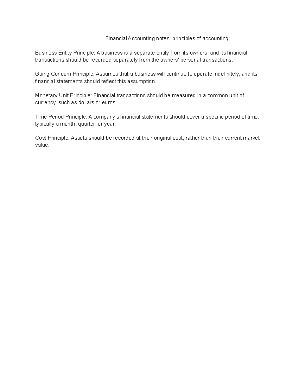 Financial Accounting notes principles of accounting - Going Concern ...