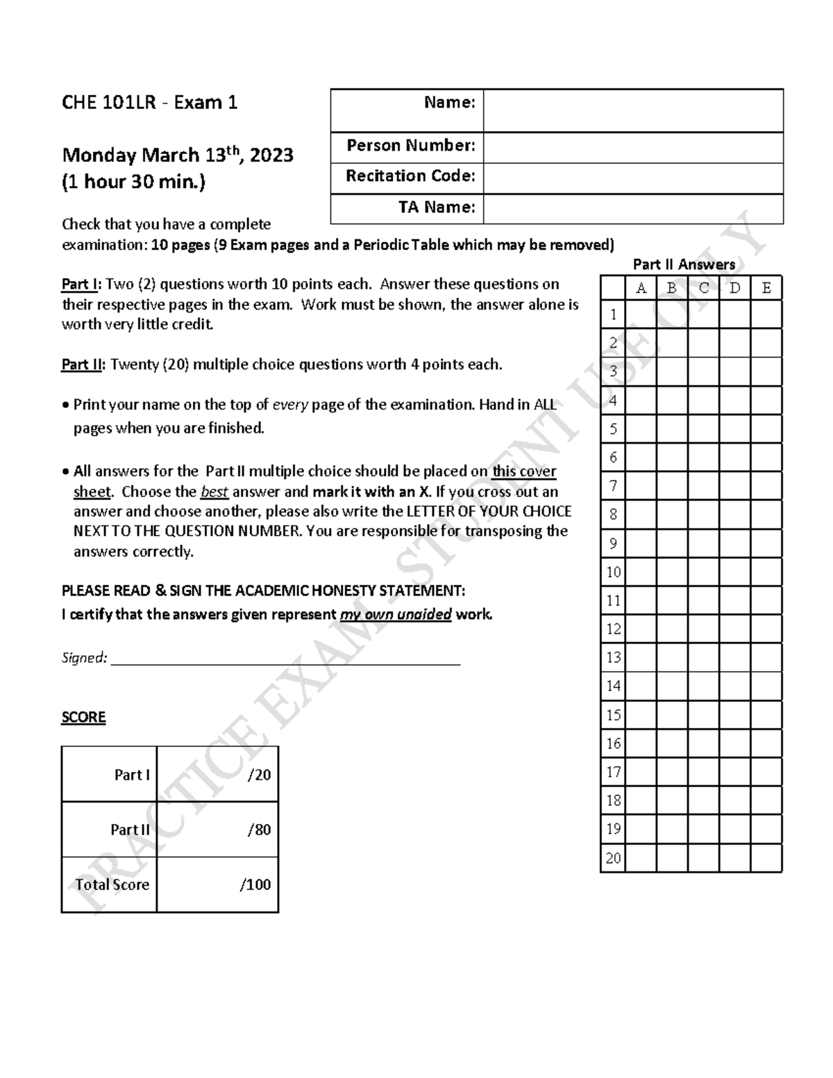 CHE101-Practice Exam 1 - 2023 Exam Blank - CHE 101LR - Exam 1 Monday ...