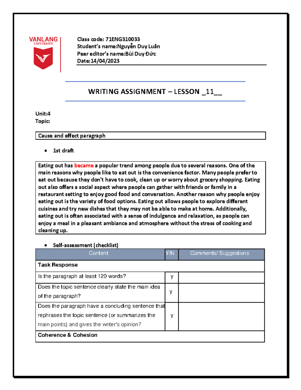 AV3 -Nguyen Duy Luan -22732010 40511 -writing - Lesson 11 - Class code: 71ENG Student’s name ...