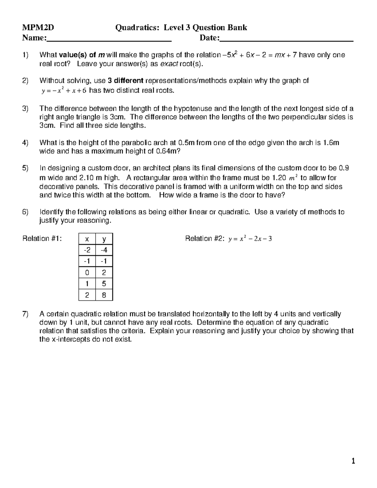 MPM2DQuadratics Test Bank Level 3 - MPM2D Quadratics: Level 3 Question ...