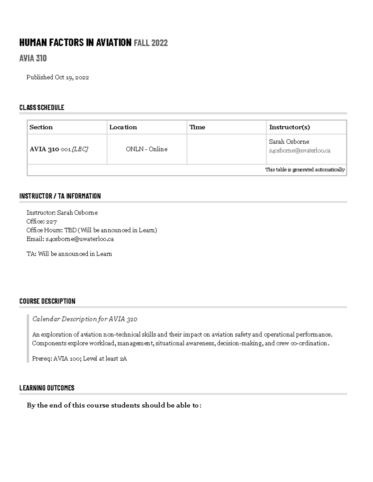 Course Outline - Human Factors in Aviation - HUMAN FACTORS IN AVIATION ...
