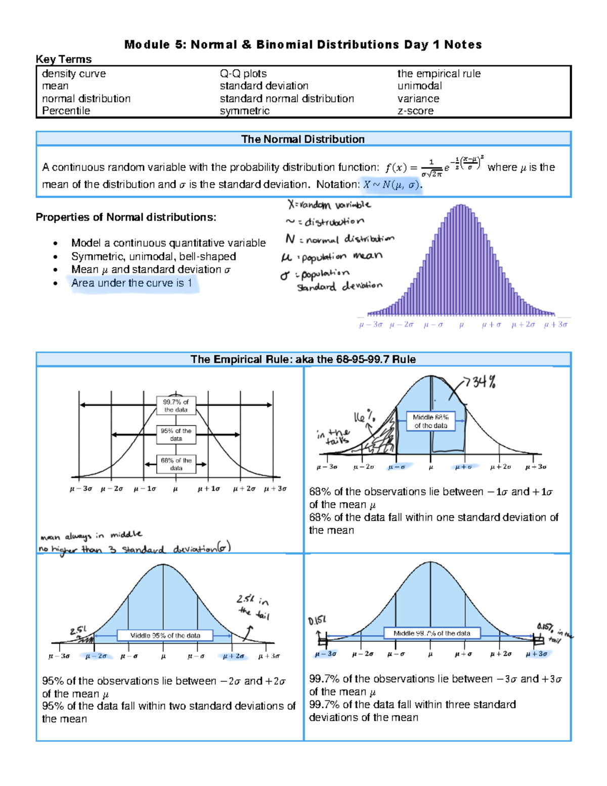 M5D1 Notes - Module 5: Normal & Binomial Distributions Day 1 Notes Key ...