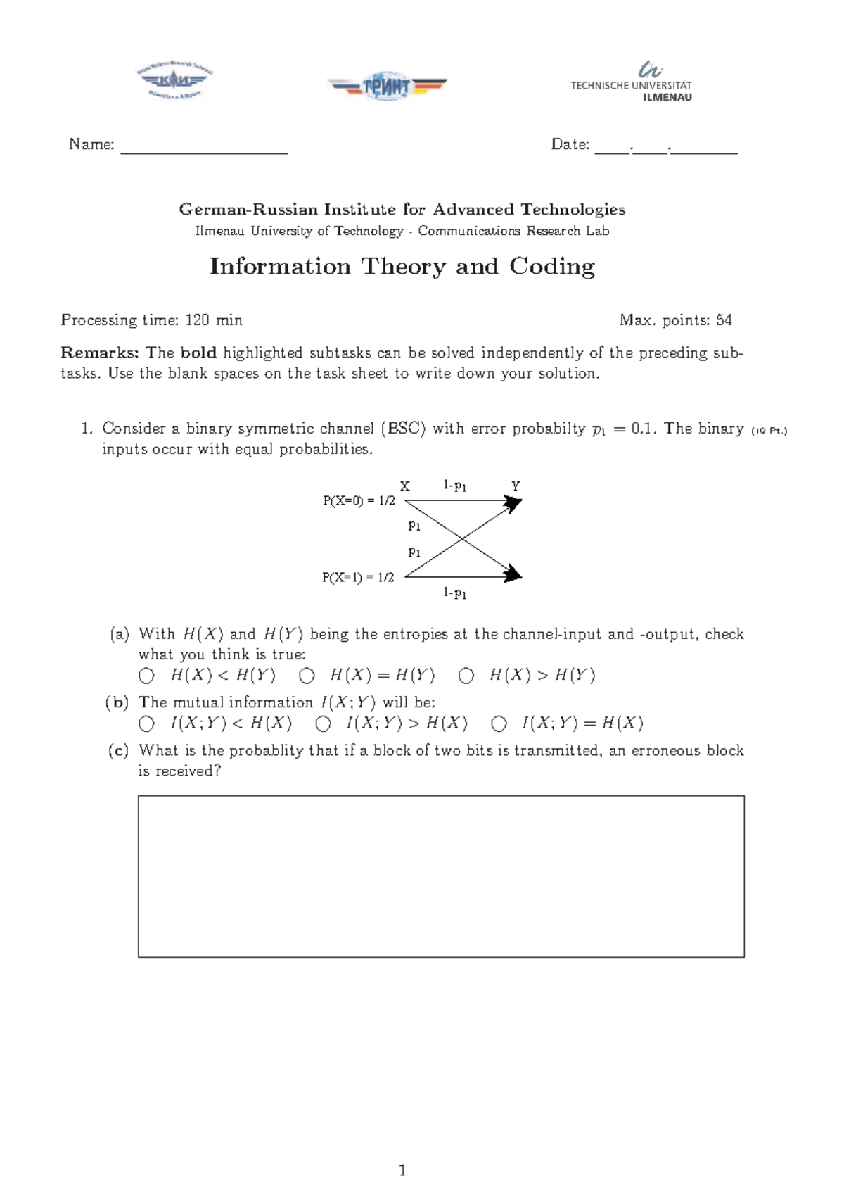 Itc Information Theory And Coding Übung Name Date German Russian Institute For Advanced