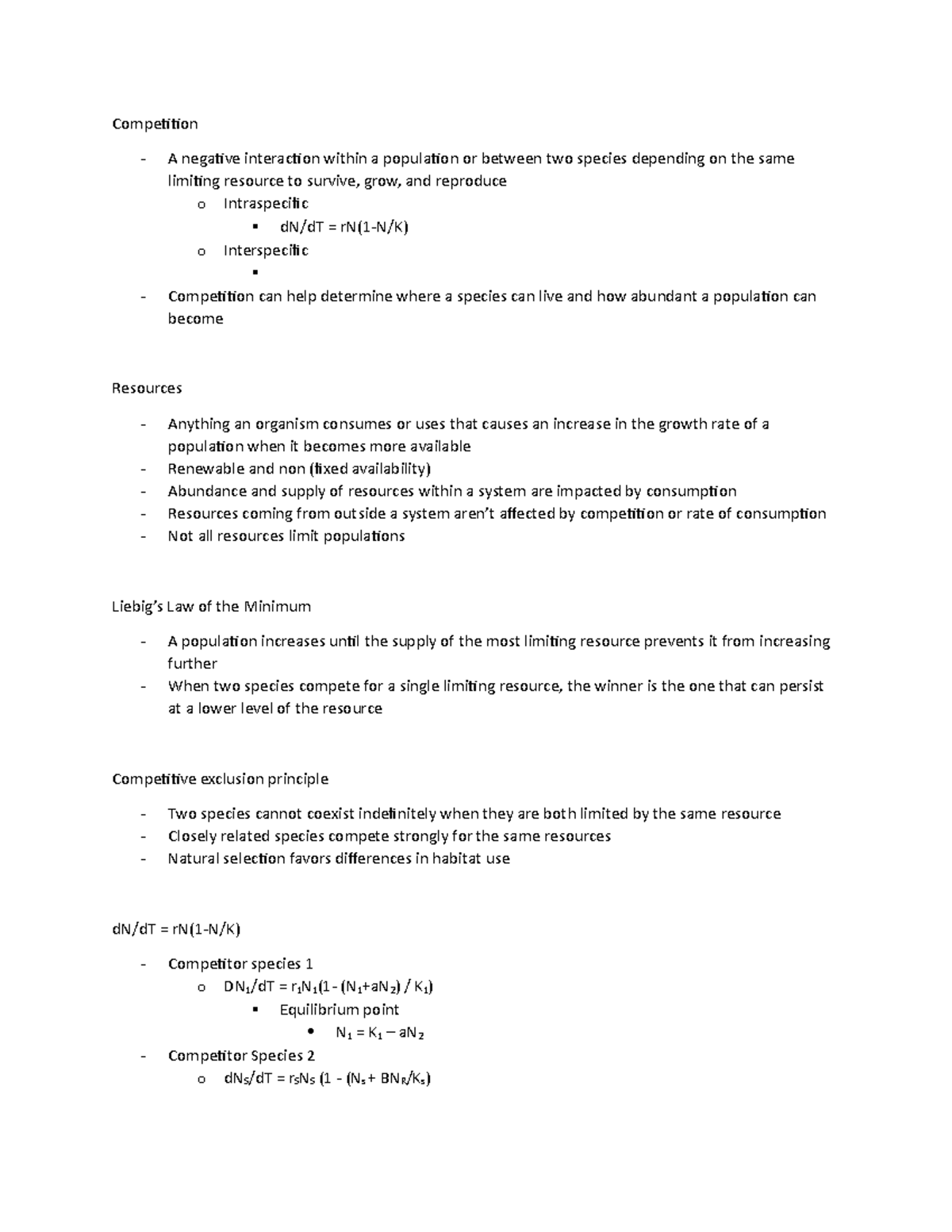 NRES 220 Lecture - Competition - Competition A negative interaction ...