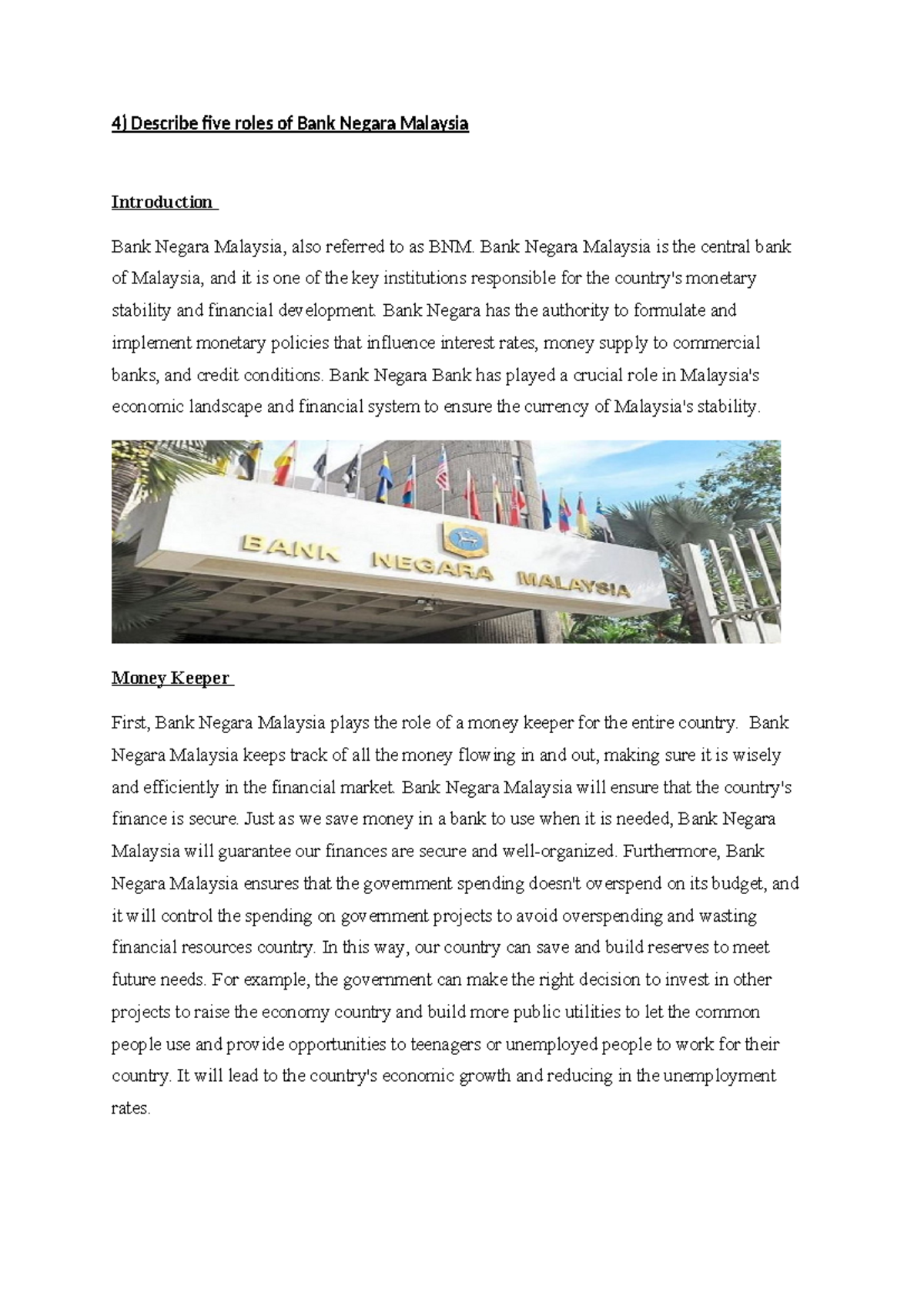Finance Assignment Sem3 - Describe five roles of Bank Negara Malaysia ...