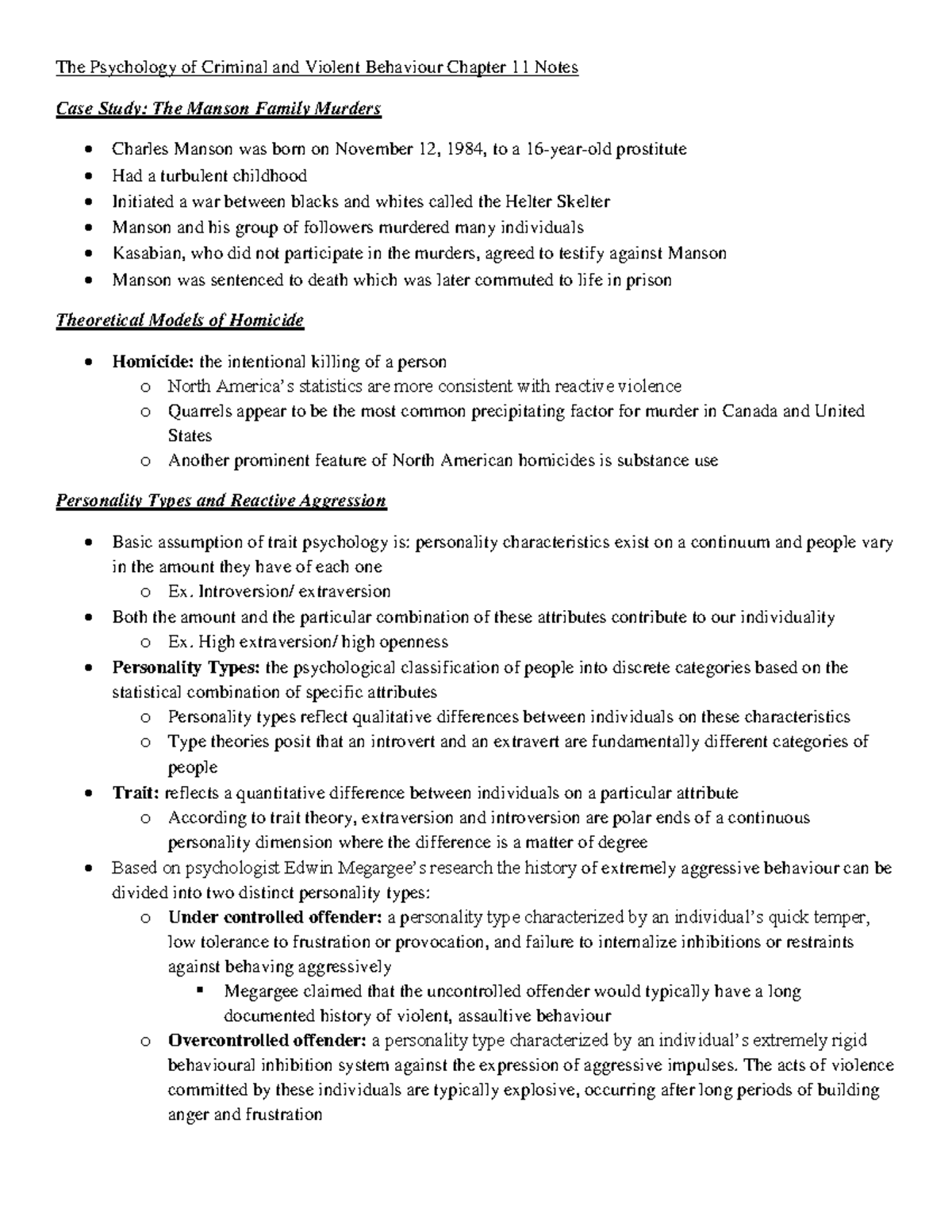 The Psychology of Criminal and Violent Behaviour Chapter 11 Notes ...