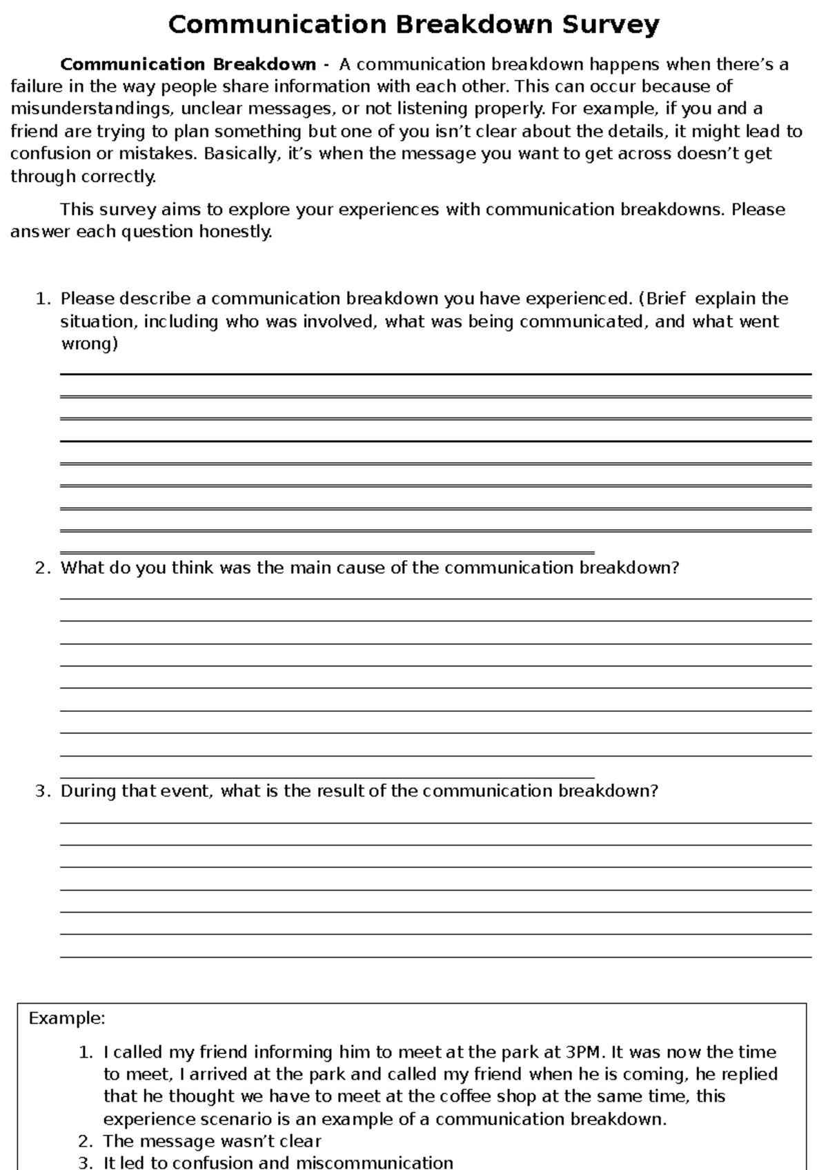 Survey Questionnaire - Djfjejsjdj - Communication Breakdown Survey ...