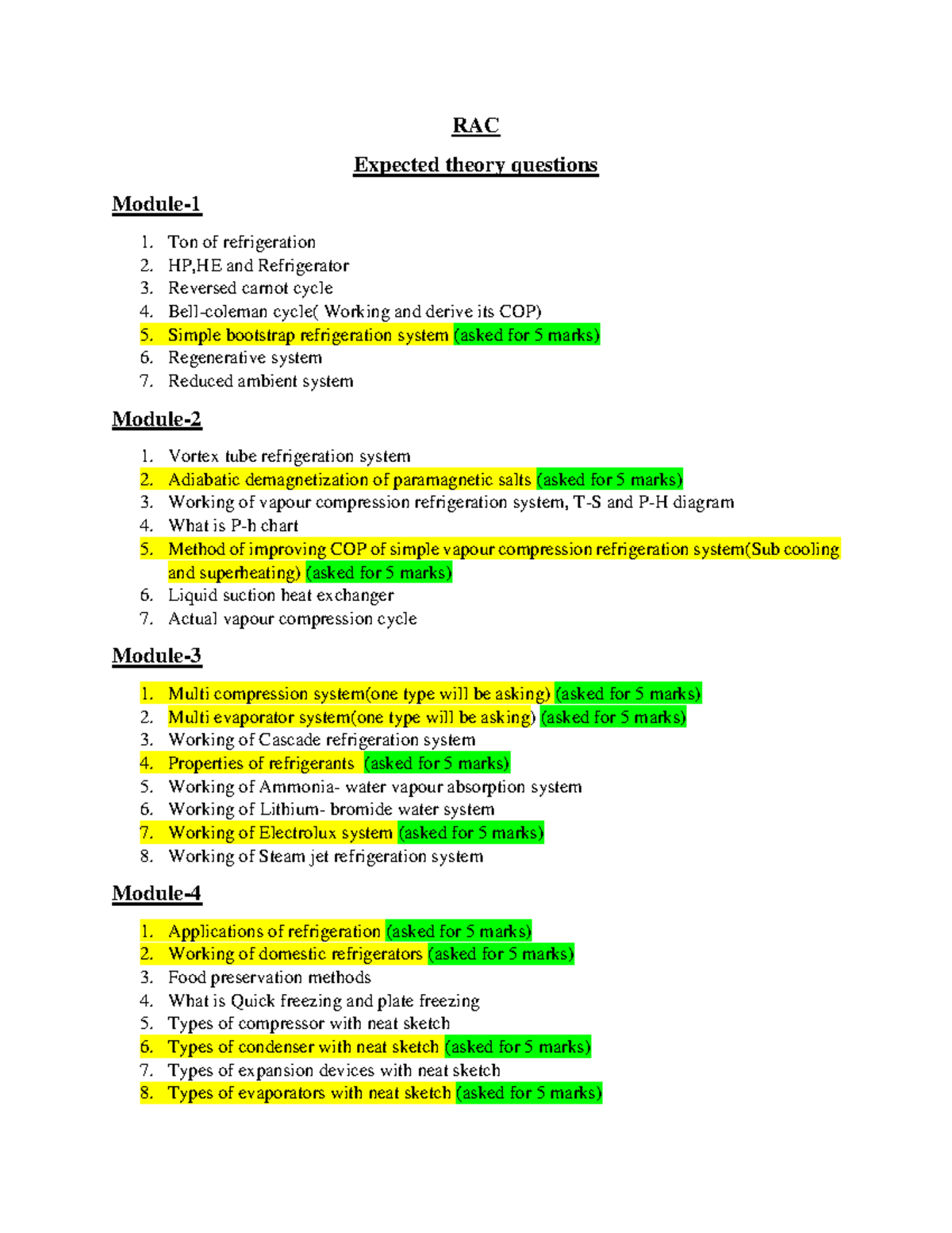 RAC Most expected short questions - RAC Expected theory questions Module- Ton of refrigeration ...