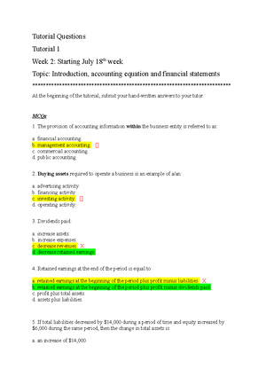 Week 3 tut qs - ACCT102 week 3 tutorial questions - Tutorial Questions Tutorial 2 Week 3 ...