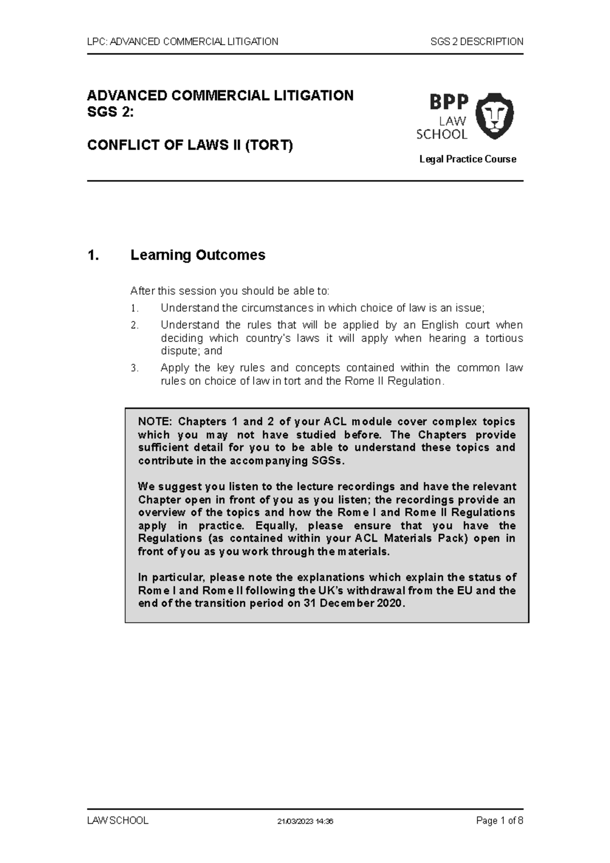 ACL SGS 2 Description 22-23 - LPC: ADVANCED COMMERCIAL LITIGATION SGS 2 ...