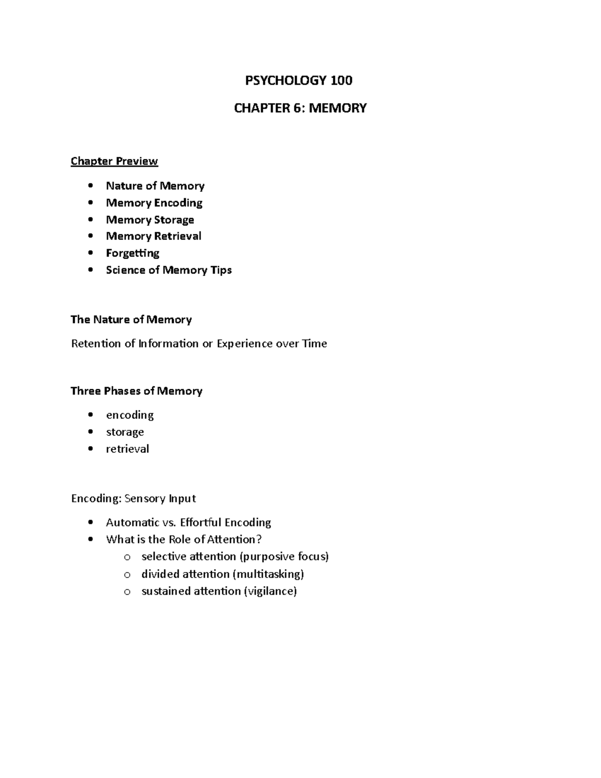 PSY 100 Chapter 6 Memory - PSYCHOLOGY 100 CHAPTER 6: MEMORY Chapter ...