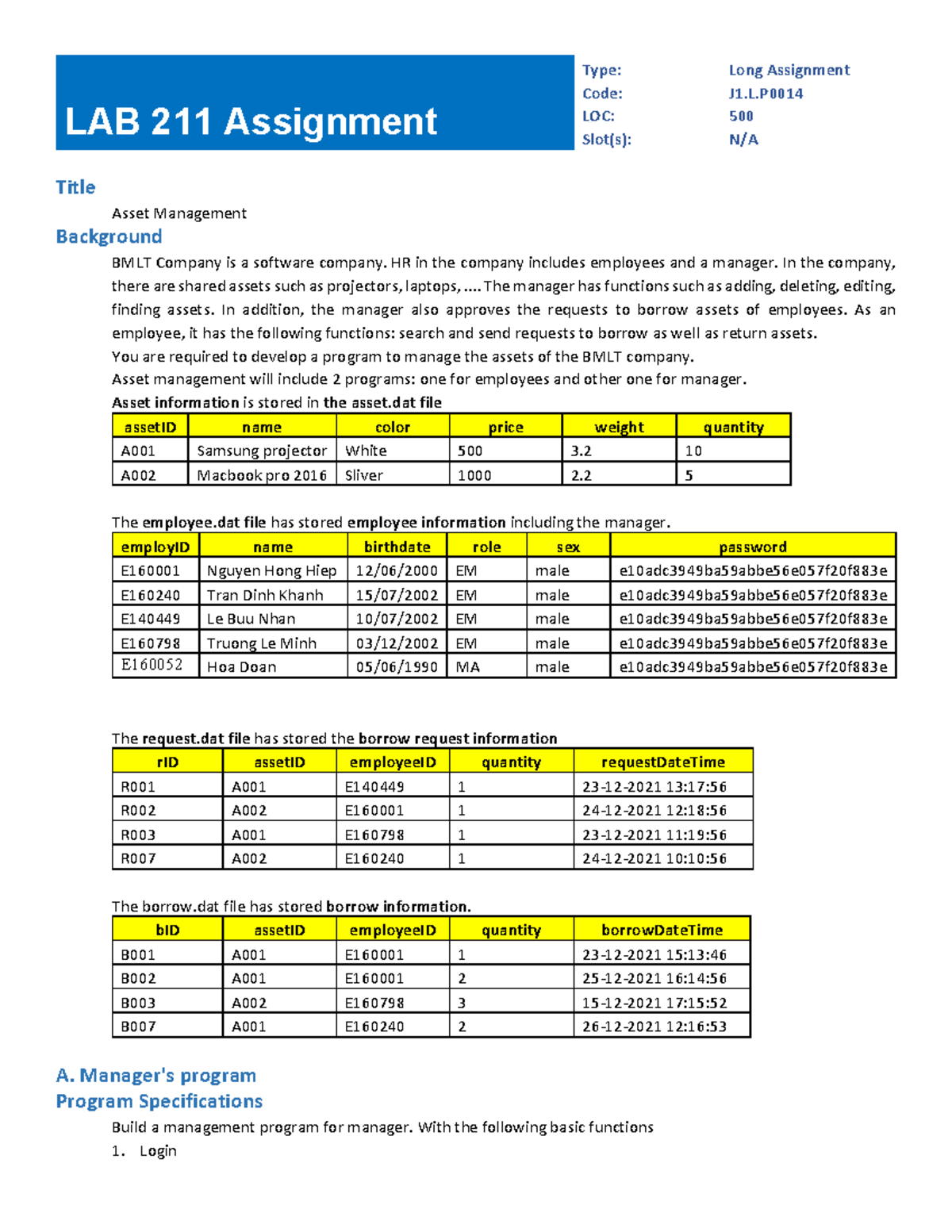 J1.L.P0014. Asset Management- Manager 500 - LAB 211 Assignment Type: Long Assignment Code: J1.L ...