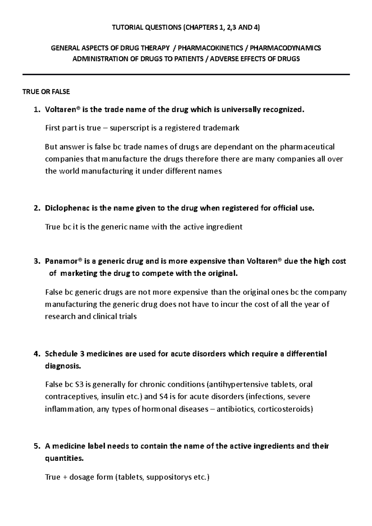 Tutorial Chapter 1 - 4 - TUTORIAL QUESTIONS (CHAPTERS 1, 2,3 AND 4) GENERAL ASPECTS OF DRUG ...