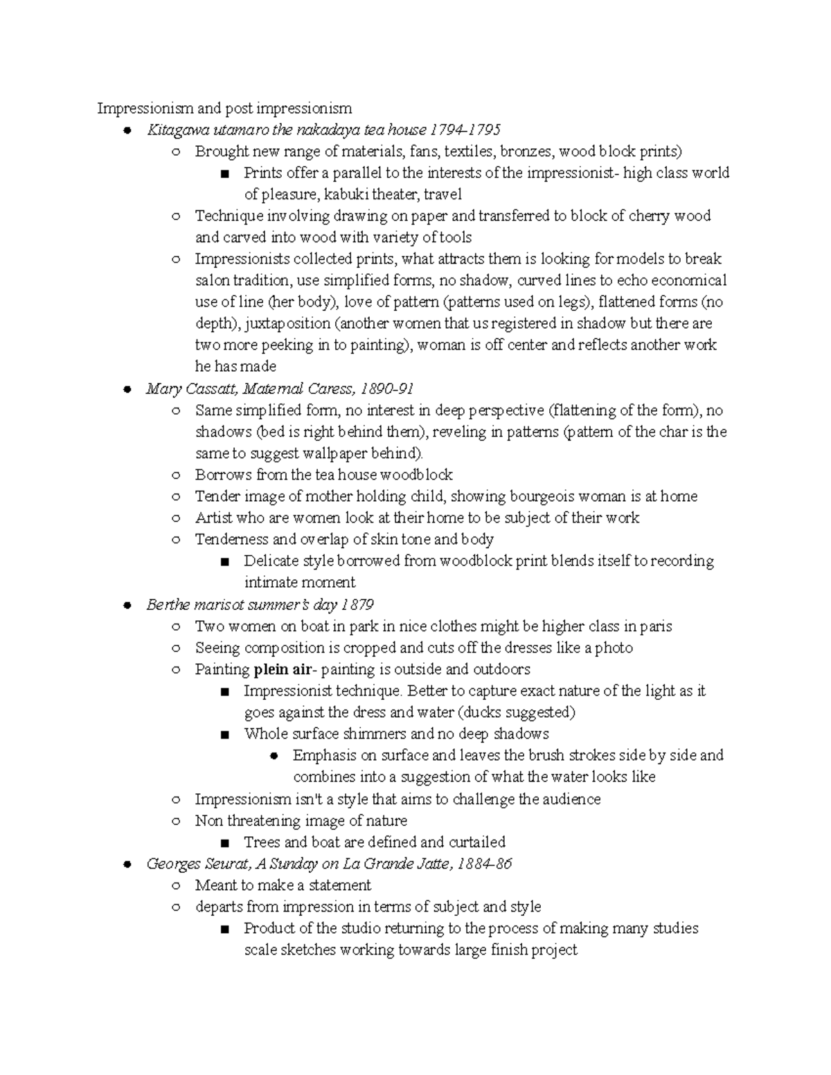 Exam 2 - Exam 2 notes - Impressionism and post impressionism Kitagawa ...