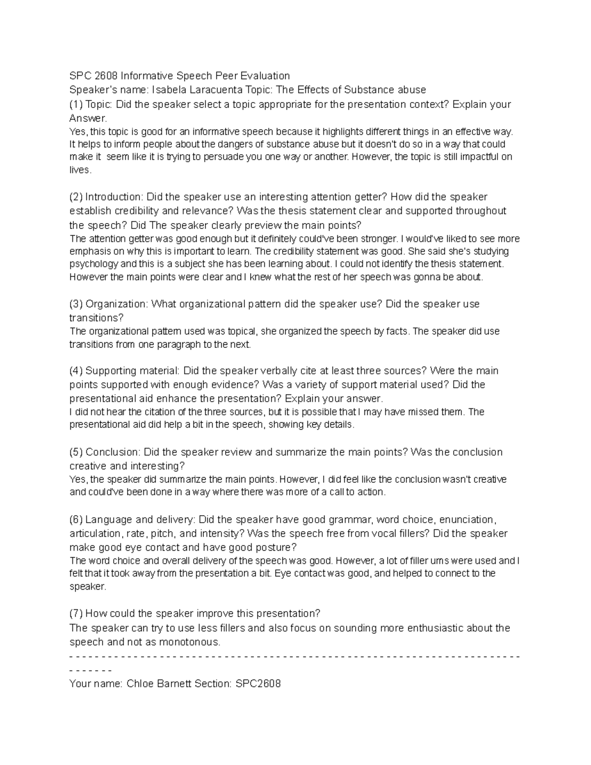 SPC 2608 Informative Speech Peer Evaluation - SPC 2608 Informative ...