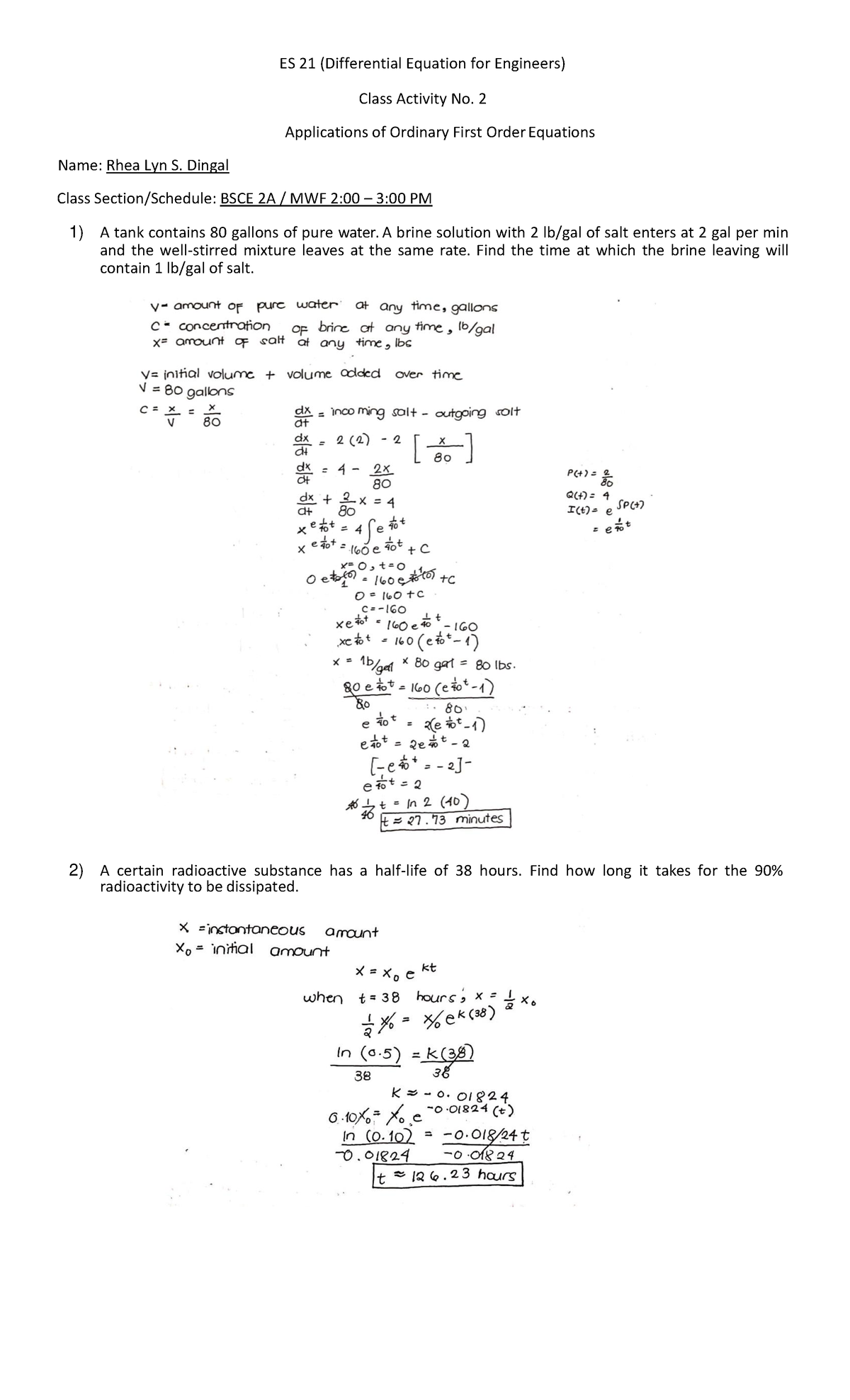 Applications Of Ordinary First Order Equations ES 21 Differential