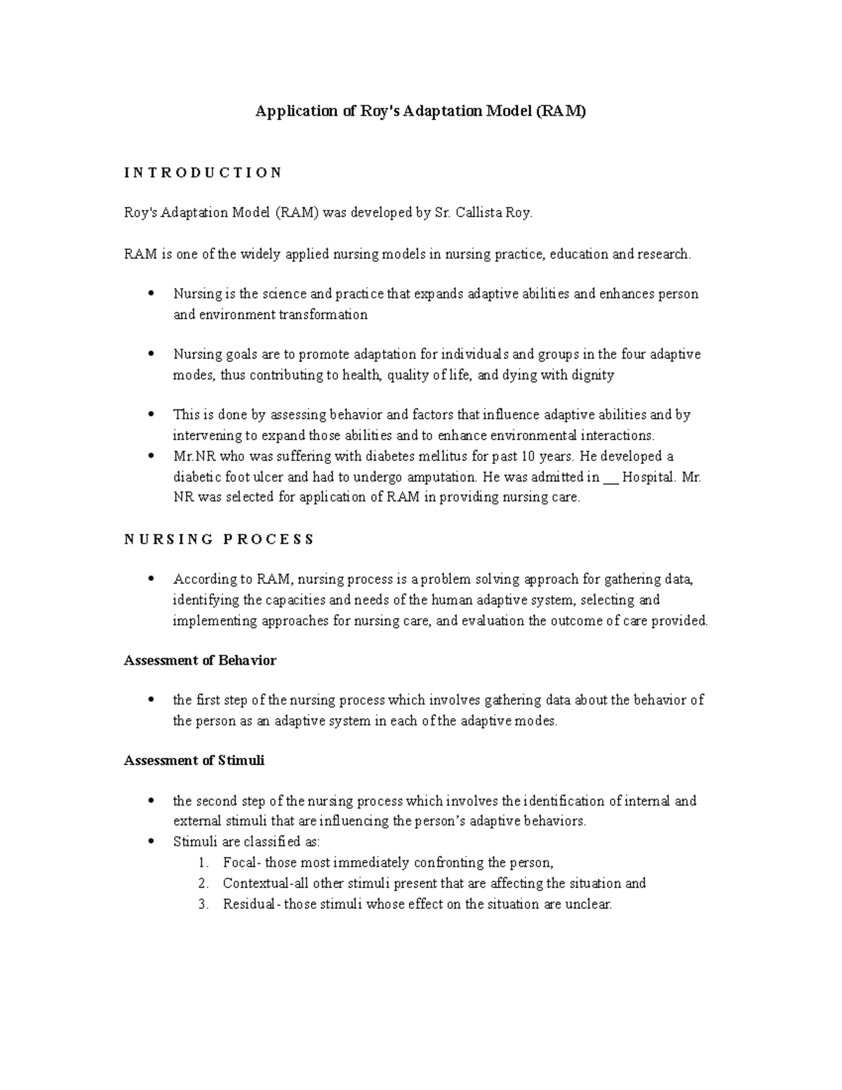 Handout Roy Application - Application of Roy's Adaptation Model (RAM) I ...